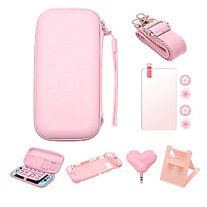 Switch Pink Accessories, Switch Pink Carrying Case, Switch Pink Protective Case, Cute Thumb Grips, Headphone Adapter, Desktop Stand, Screen Protector, Wrist Strap and Shoulder Strap