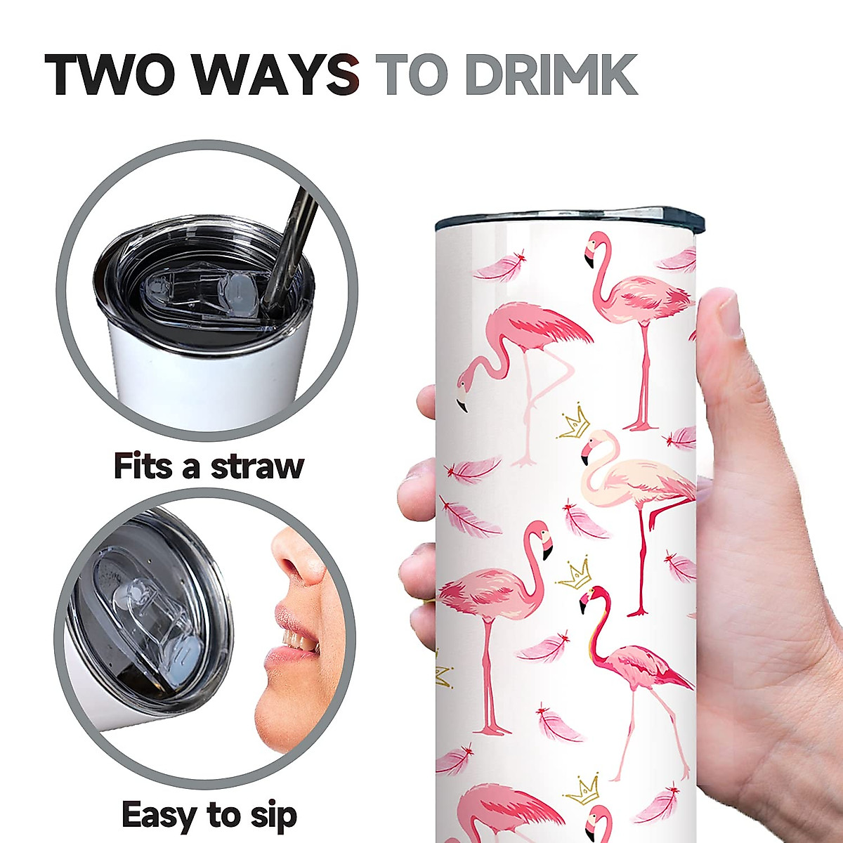 Cute Flamingo Tumbler With Lid and Straw, 20 oz Insulated Coffee Travel Mug, Gifts for Women, Pink Decor