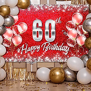 Red and Silver Happy 60th Birthday Backdrop Banner Decorations for Women Men 60 Years Old Bday Background Photography Party Decor Sign Supplies