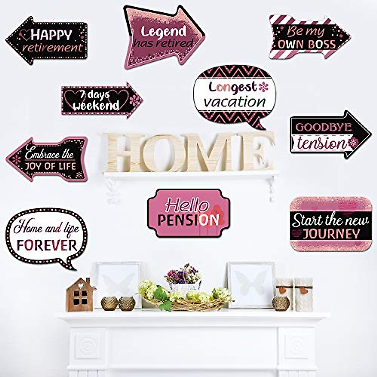 Retirement Party Decorations Happy Retirement Banner Hanging Decorations Retirement Theme Yard Sign Pink Retirement Decorations for Women, 10 Pieces Hanging Cards Decorating Kit