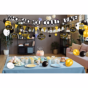 Black and Gold Goodbye Party Decorations - Farewell Decor Balloons + "Who Said You Could Leave" Banner + Hanging Swirls + Cupcake Topper Going Away Supplies