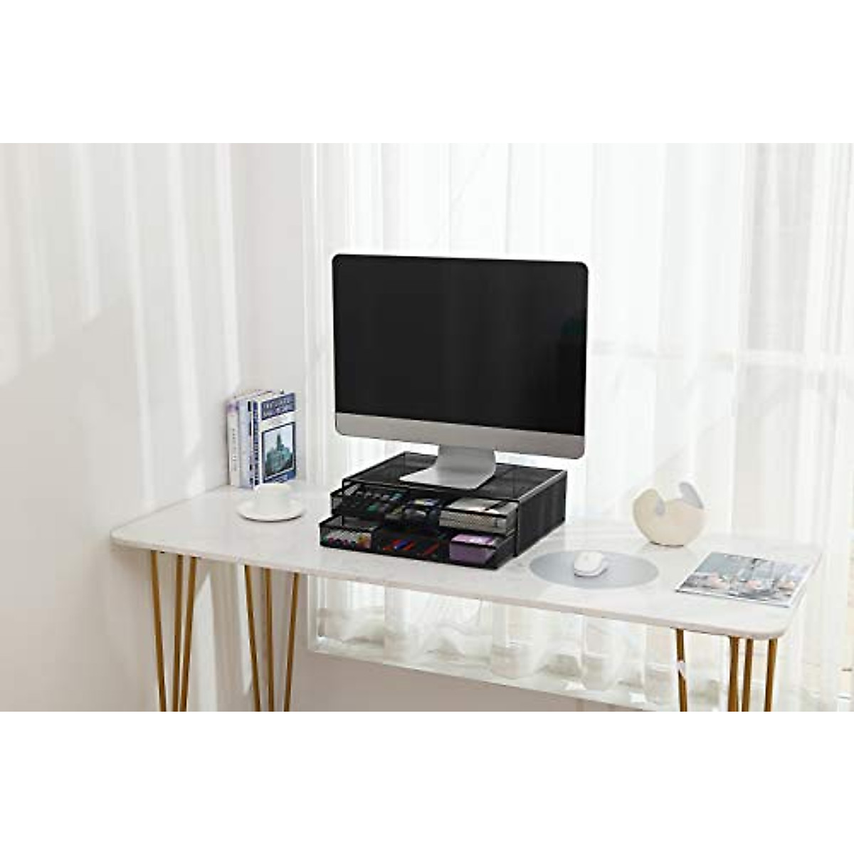 YCOCO Monitor Stand Riser,Metal Mesh Monitor Riser Desktop Stand with 2 Storage Drawers,Multi-Purpose Desktop Storage Stand for Computer,Laptop,Printer,Black