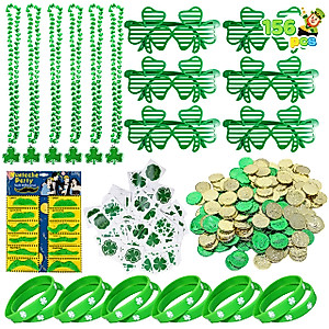 JOYIN 156 Pcs St. Patrick's Day Party Favor Set, 6 Necklaces 6 Eyeglasses 12 Bracelets 72 Temporary Tattoos 12 PCS Mustache 48 Plastic Coins St Patricks Day Accessories