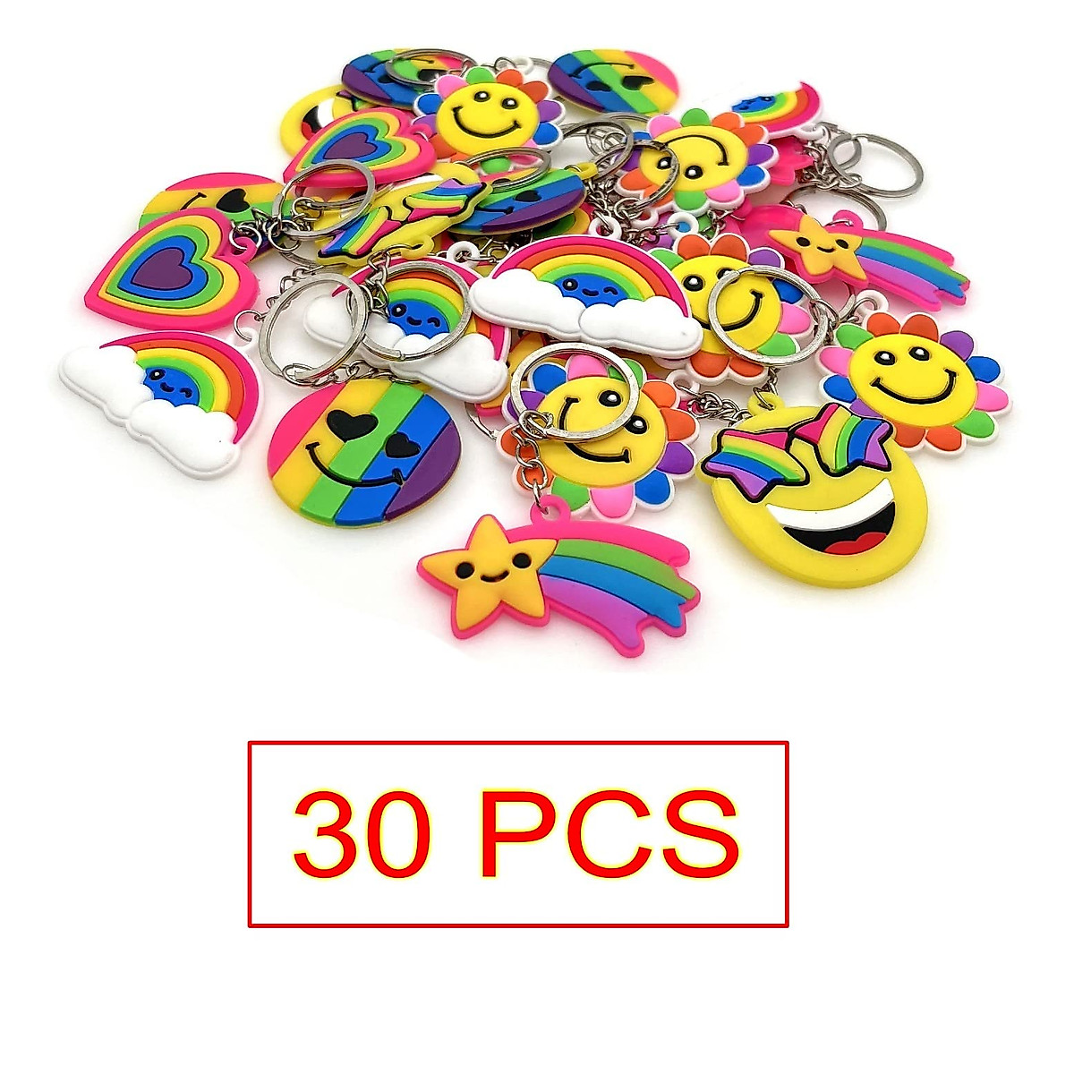 JZK 30 Pcs Rainbow keyrings set for kids, rubber smile face keychains for children birthday party favours, kids party bag fillers thankyou gift