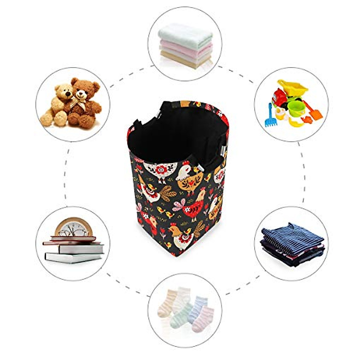 MOYYO Cute Rooster Chickens Laundry Basket Collapsible Laundry Hamper Fabric Laundry Bin Large Dirty Clothes Basket with Durable Handles for Kid Room Toy Bin Bathroom Clothing Organizer
