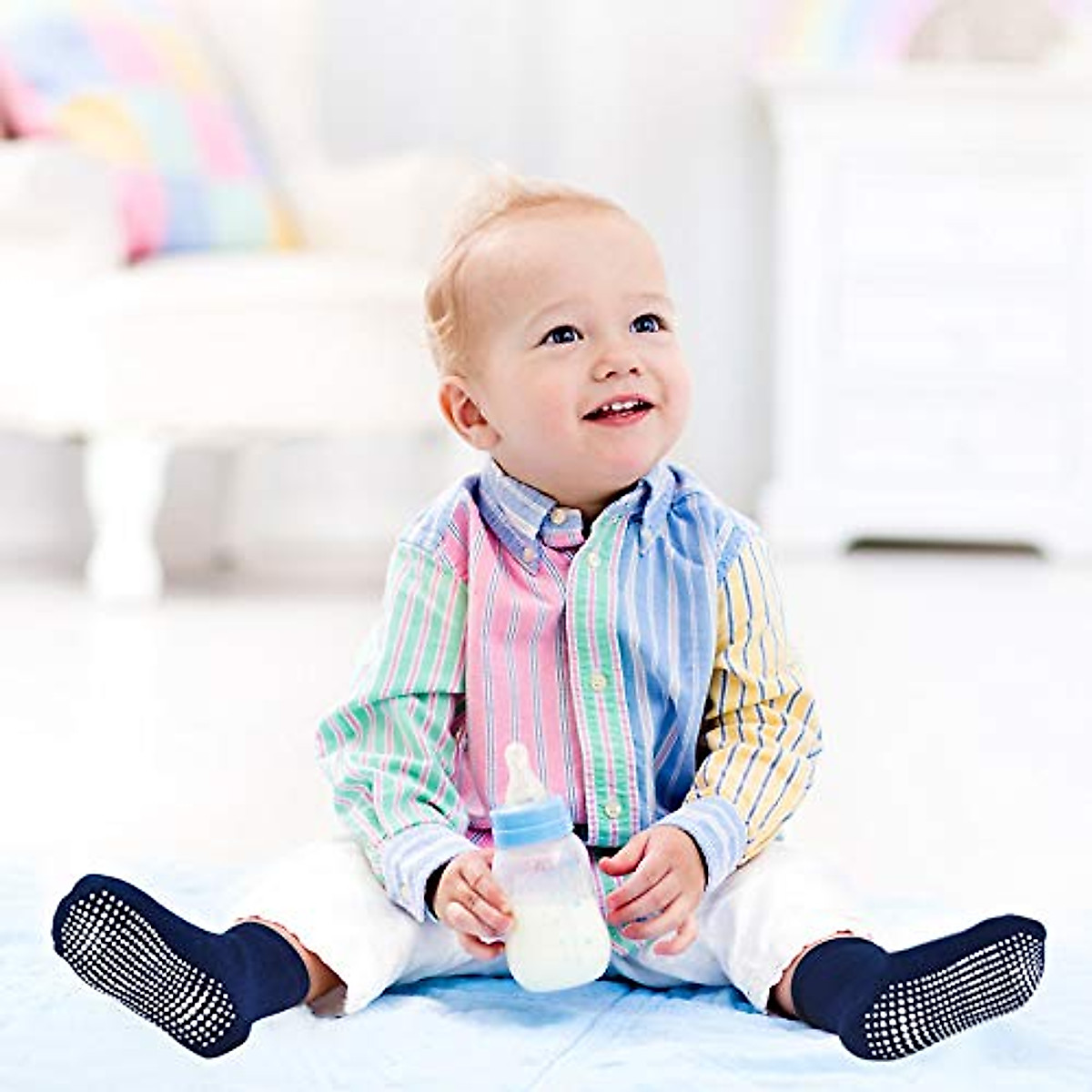 Tphon Kids Non Slip Toddler Boy Grip Socks 12 Pairs Anti Skid Sticky Socks for 3-5 Years Infants Baby Children