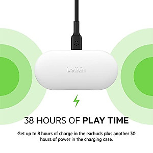 Belkin Wireless Earbuds, SoundForm Play True Wireless Earphones with USB-C Quick Charge, IPX5 Sweat and Water Resistant, 38 Hour Play Time, Compatible with iPhone, Galaxy, Pixel and More - White