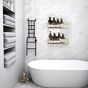 THCOFUUD Gold Shower Caddy, 5 Pack Rustproof Stainless Steel Organizer With Soap Holder & 2 Razor Hooks, Wall Mounted Shelves, Adhesive Rack, Large Capacity Basket for Storage, Gold Decor