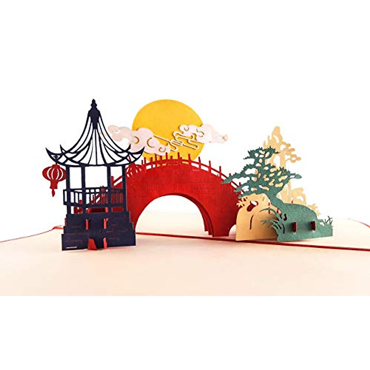 iGifts And Cards Inspirational Asian Pavilion Scenery 3D Pop Up Greeting Card Full Moon, Romantic Bridge, Lanterns, Pine Tree, Half-Fold, All Occasion, Birthday, Mid-Autumn Festival, Chinese New Year
