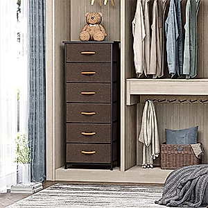 Crestlive Products Vertical Dresser Storage Tower - Sturdy Steel Frame, Wood Top, Easy Pull Fabric Bins, Wood Handles - Organizer Unit for Bedroom, Hallway, Entryway, Closets - 6 Drawers (Brown)