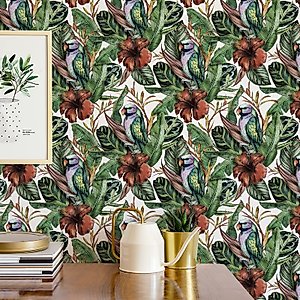 CHIHUT Floral Peel and Stick Wallpaper 17.7”x100” Vintage Parrot Birds Wallpaper Removable Self Adhesive Wallpaper Floral Vinyl Decorative Contact Paper for Bedroom Bathroom Cabinets Countertops