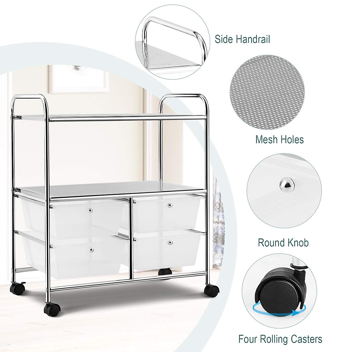 RELAX4LIFE Storage Cart W/Four Drawers, Wheels and Two Shelves, Stable Steel Frame Craft Cart for Office,Home, Make Up Storage and Files Arrangement Storage Cart Organizer (Clear)