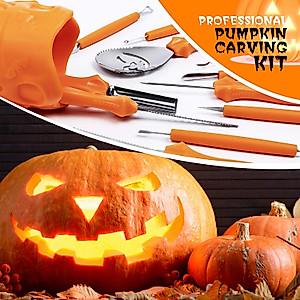 ILEBYGO Pumpkin Carving Kit,11 Pcs Stainless Steel Professional Halloween Pumpkin Carving Tools, Pumpkin Carving Set with a Skull Storage Carrying Bucket
