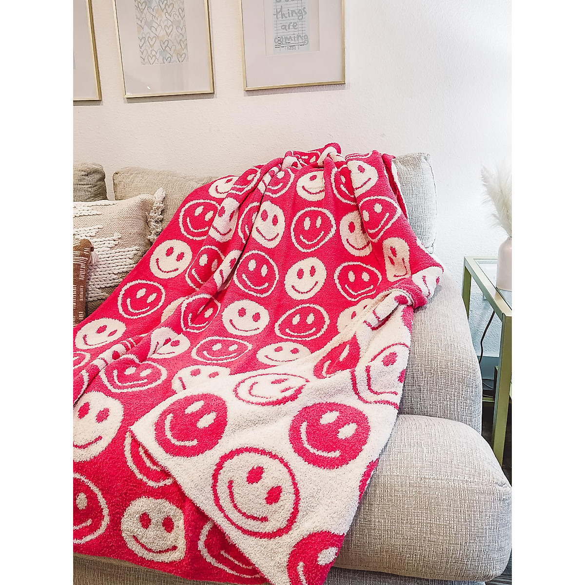 Happy Face Knitted Throw Blankets Reversible Soft Knit Blanket with Two-Toned Cute Pattern Bed Throws Fuzzy Kids Blanket Warm Cozy for Home Couch Sofa (Rosy)