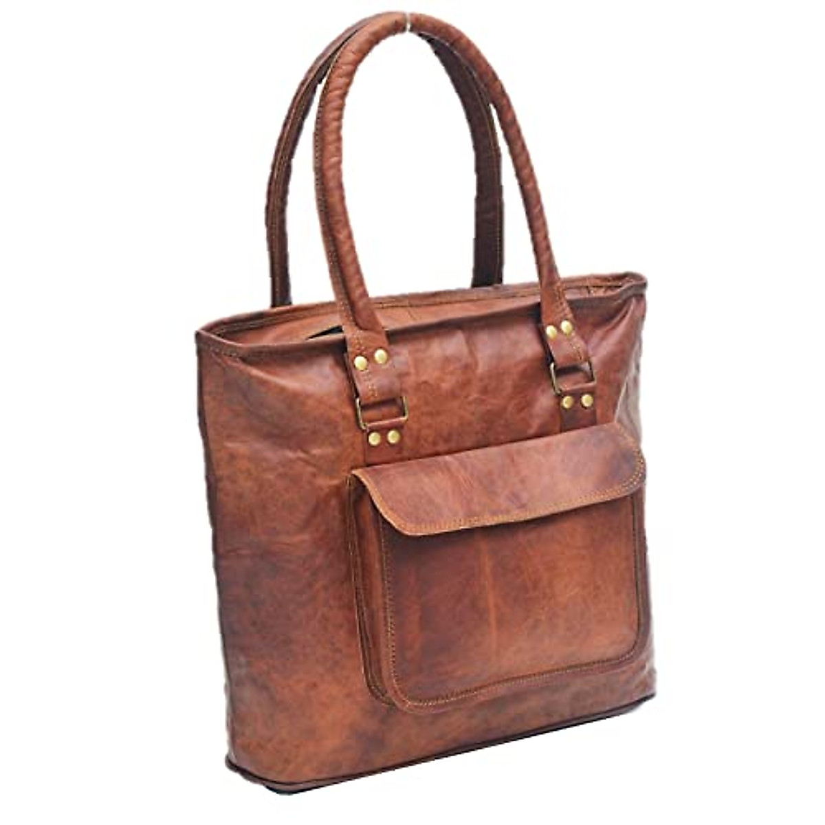 Handmade Women Vintage Style Real Leather Shoulder Shoppers Bag Purse 16” Brown