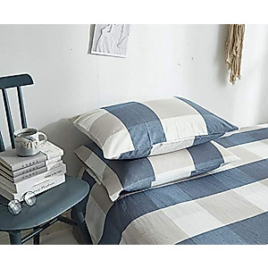 HYPREST Queen Duvet Cover - 100% Cotton Duvet Cover Queen Blue Buffalo Plaid Soft Breathable Farmhouse Style