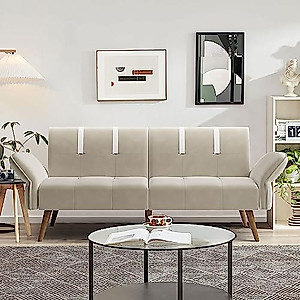 Shintenchi Futon Sofa Bed Modern Folding Sleeper Couch Bed for Living Room,Velvet Loveseat Sofa Couch Sofa Cama for Apartments Office Small Spaces,w/Adjustable Armrests Backrest,White