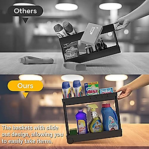 Cicilyna 2 Pack Under Sink Organizer, 2 Tier Bathroom Cabinet Organizers and Storage with Hook, Multi-purpose Storage Basket Shelf for Kitchen, Black