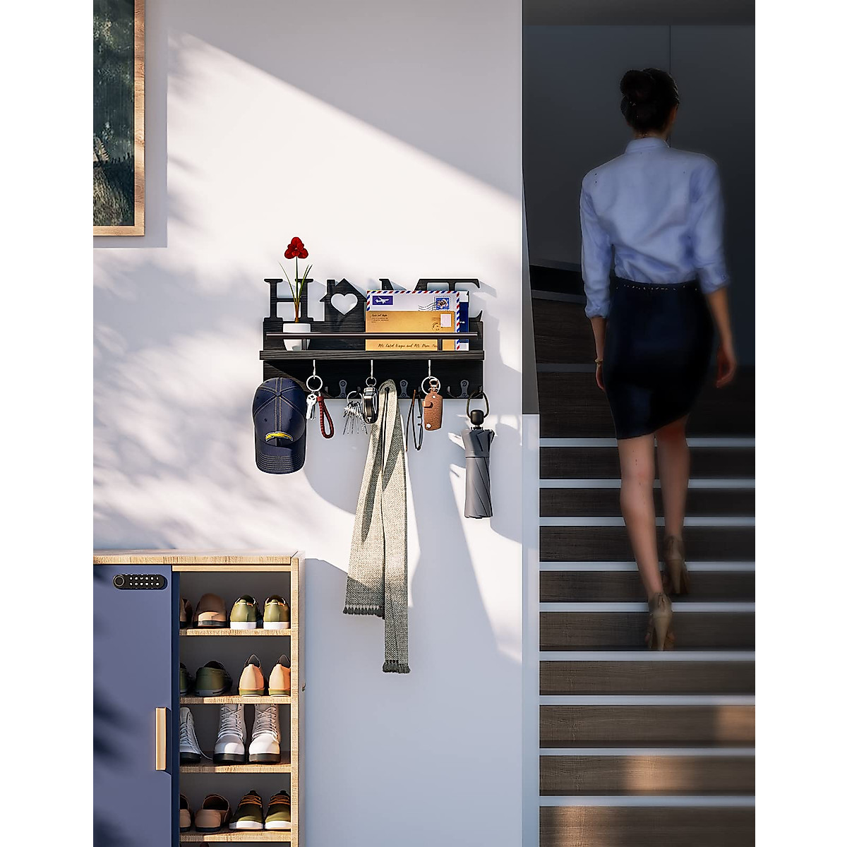 SWTYMIKI Key Hooks for Wall with Home Decoration, Wood Mail Organizer with Key Holder and Mail Holder Design, Wall Mounted Key Hanger Suitable for Entryway, Front Door, Hallway, Office, Black