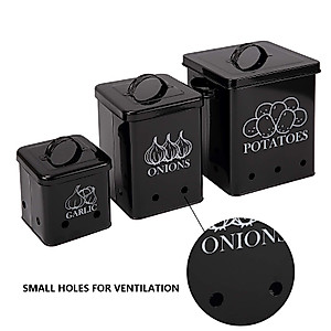 Potato Onion Kitchen Storage Canisters Jars Pots Containers 3 Pack Set - Potatoe, Garlic Bin Caddy, Long Shelf Life With Aerating Tin Storage Holes-Black