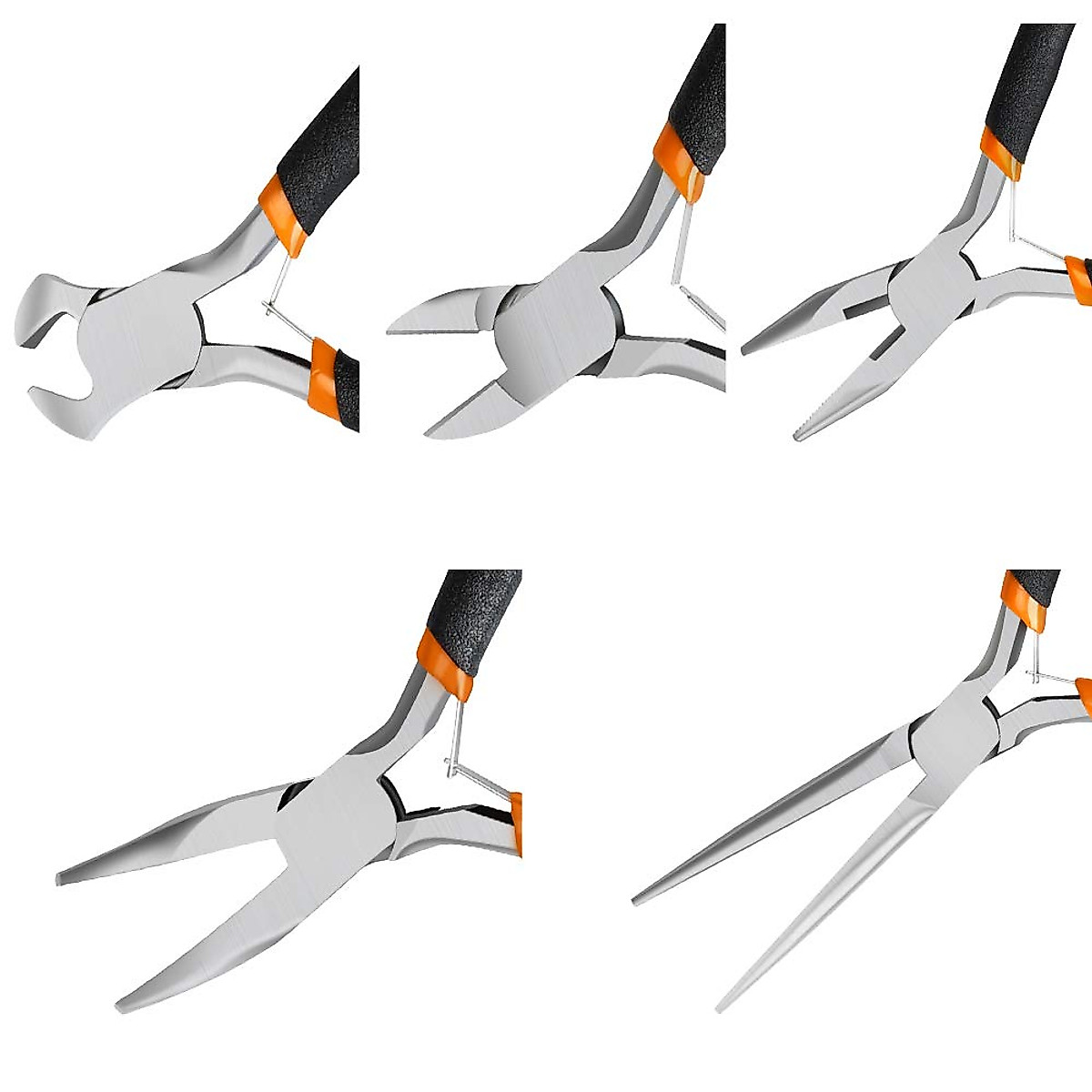 SOONAN 5 Pieces Mini Pliers, Long Lasting Tool Set Cable Cutters – Long Needle Nose, Long Nose, Nipper Bent Nose, End Cutting, Diagonal Cutting, Precision Pliers Set