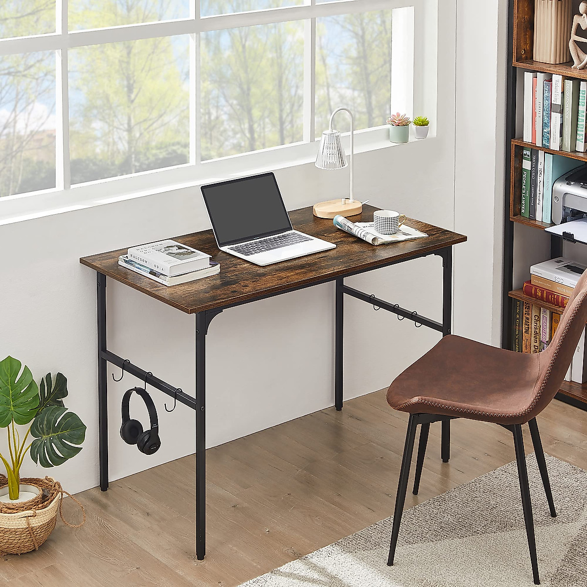 VECELO 44" Computer Writing Desk for Home Office, Study Table Workstation for Small Spaces with 6 Hooks & Adjustable Legs, Metal Frame,Brown, 44Inches