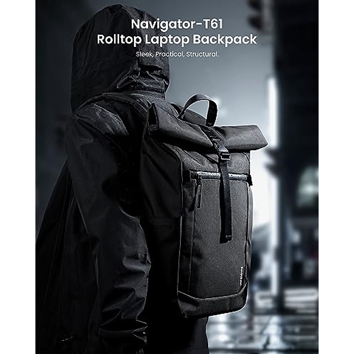 tomtoc Roll Top Laptop Backpack, Lightweight, Water-Resistant Commute Expandable Casual Daypack for 13-16 inch MacBook, Rucksack for Work College Trip, Large Capacity Adjustable 17-23L, Black