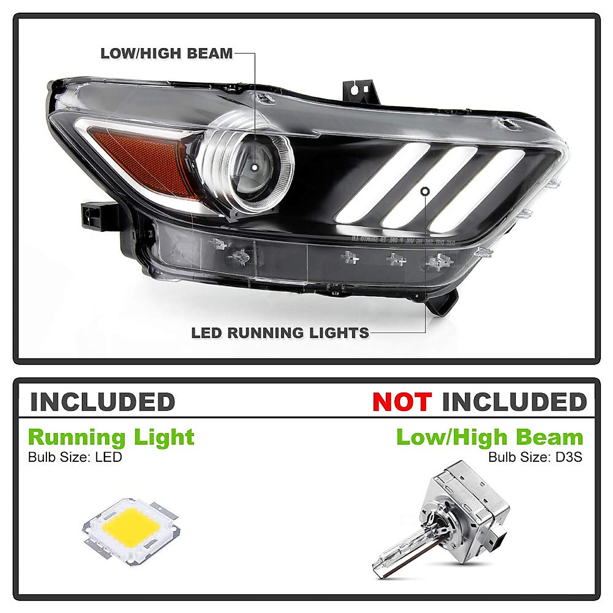 ACANII - For [HID/Xenon Type] 2015-2017 Ford Mustang LED Tube Projector Headlight Headlamp Assembly Right Passenger Side
