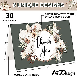 AnyDesign Boho Floral Thank You Cards Bulk 30 Pack Fall Rustic Greeting Cards with Stickers Envelopes Watercolor Flower Blank Appreciation Note Cards for Birthday Wedding Thanksgiving Baby Shower