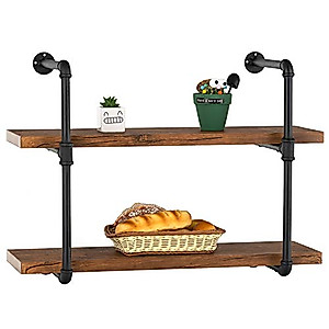 mecor 2022 New Industrial Wall Shelf 2-Tier with Planks, Wall Mount Iron Pipe Shelves, Wood and Metal Frame Wall Bookcase