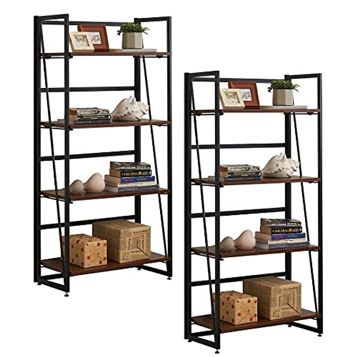 Halter 4-Tier Industrial Bookshelf Standing Shelving Unit Folding Book Shelf Organizer Wood Bookshelf Shelves for Living Room Office or Bedroom 2 Pack Brown