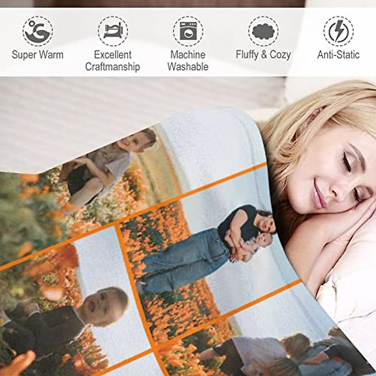 Custom Blanket with Photo Text Personalized Gift, 1-10 Pictures Customized Blanket for Mother Father Family, Christmas Halloween Thanksgiving Birthday Wedding Valentine's Day Customized Gift