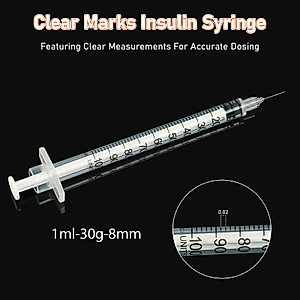 SHAOTONG 1ml Syringes with Needle, U-100 1cc Syringe 30G 5/16 Inch Needle, Sterile Individually Wrapped Box of 100