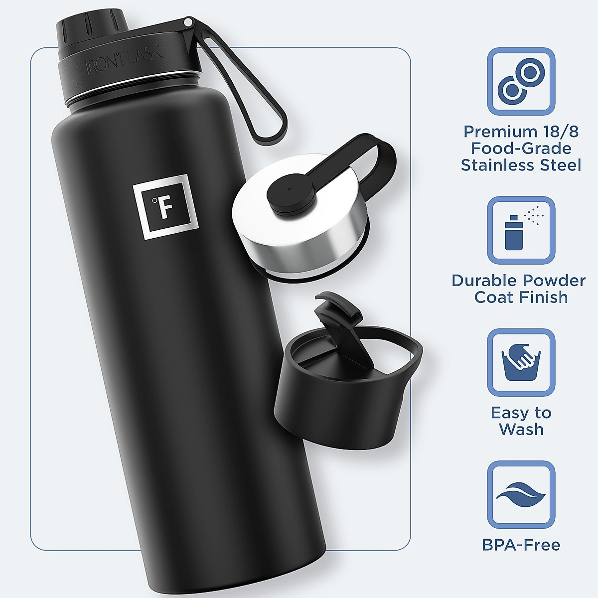 IRON °FLASK Camping & Hiking Hydration Flask with 3 Lids - Stainless Steel, Double Walled & Vacuum Insulated Water Bottle - Leak Proof & BPA Free (Fire, Spout - 40 oz)