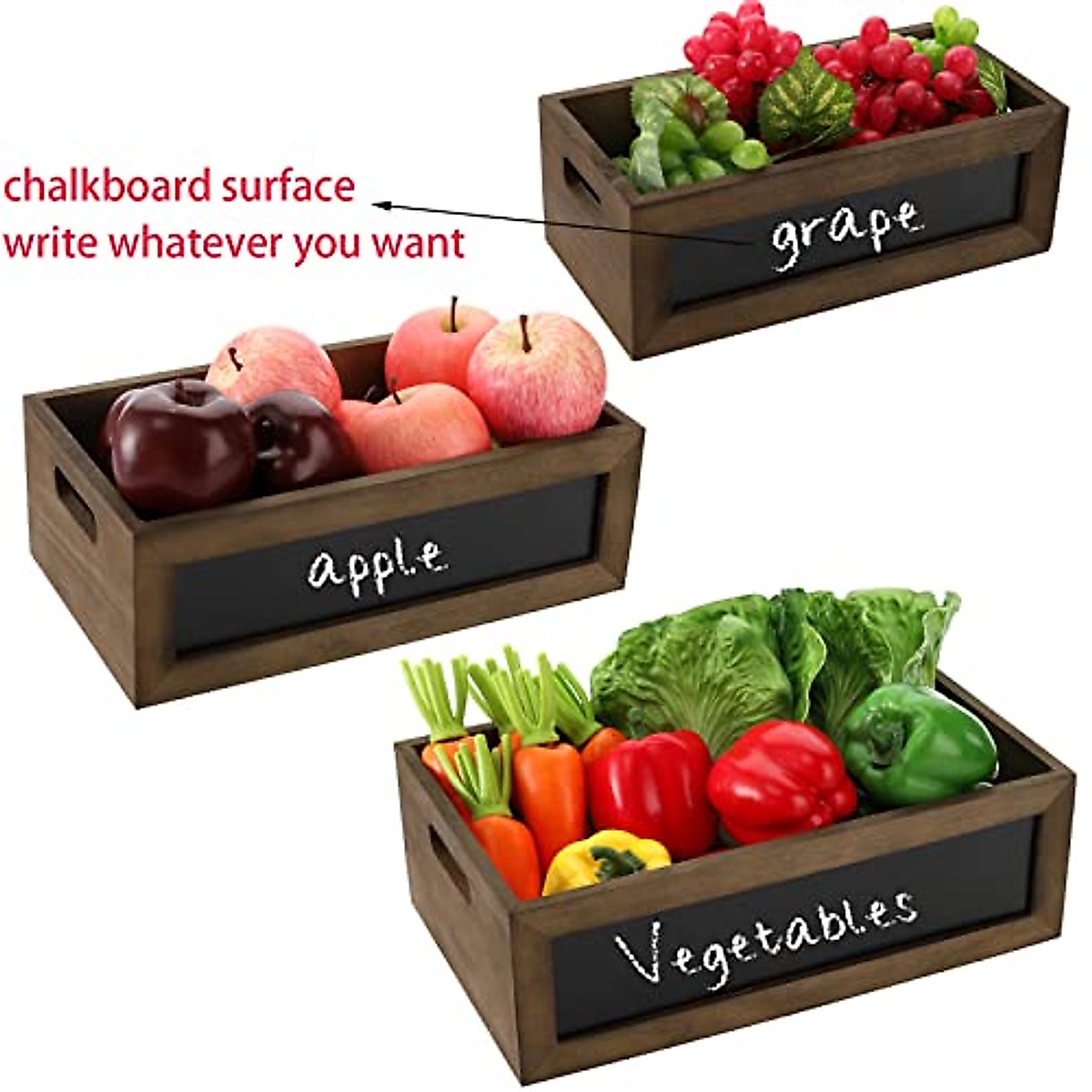 Cedilis Set of 3 Rustic Brown Wood Nesting Storage Crates with Chalkboard Front Panel and Cutout Handle, Distressed Decorative Rustic Crates Storage Container for Party, Office, Bedroom, Kitchen, Closet