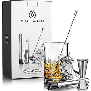 MOFADO Crystal Cocktail Mixing Glass Set - 5 Piece - 18oz 550ml Thick Bottom Crystal Mixing Glass, Spoon, Jigger, Strainer & Muddler - Professional Quality - Makes a Great Gift 