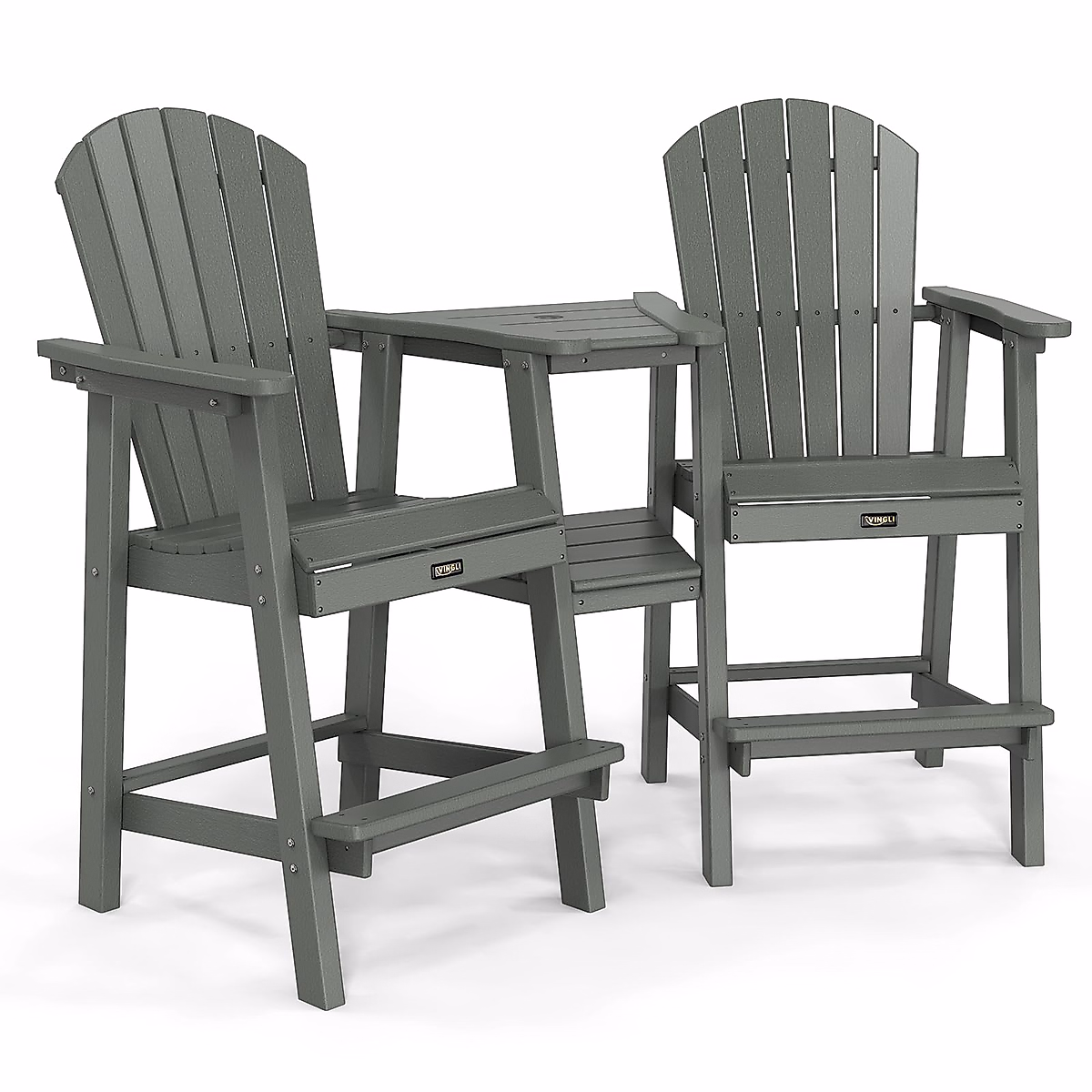 VINGLI Tall Adirondack Chairs Set of 2 with Removable Double Connecting Trays, HDPE Adirondack Bar Stools Poly Deck Chairs, 350LBS Capacity (Grey)