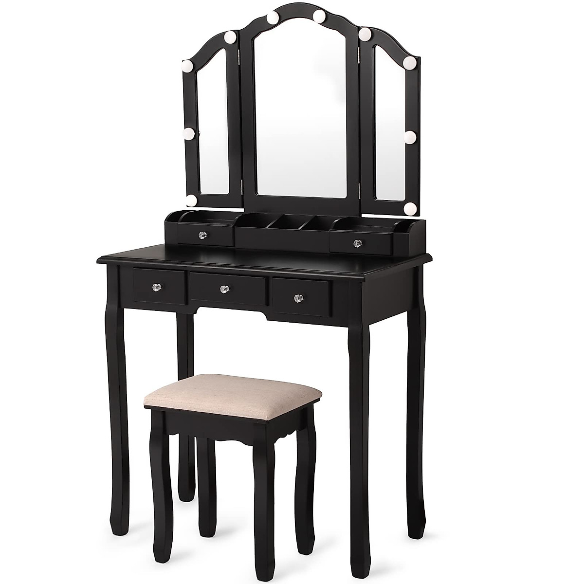 Makeup Vanity with Lights Tri-Folding Mirror,Vanity Desk with Mirror and Lights,5 Drawers,Vanity with Lighted Mirror Makeup Vanity Table Set (Black)