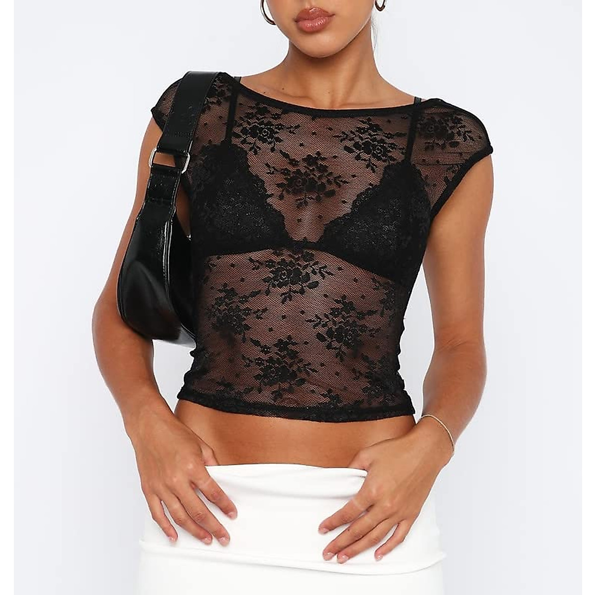 Women Summer Short Sleeve Top Y2k Floral Lace Backless Top Sexy See Through Mesh Crop Top Slim Fit Tee Going Out Tops(A2-Floral Black,S)