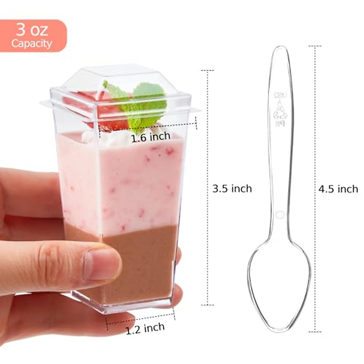 Zezzxu 3 oz Mini Plastic Dessert Cups with Lids and Spoons, 50 Pack Square Dessert Shot Glasses Shooter Cups for Appetizers Parfaits Mousse Trifle Fruit Pudding