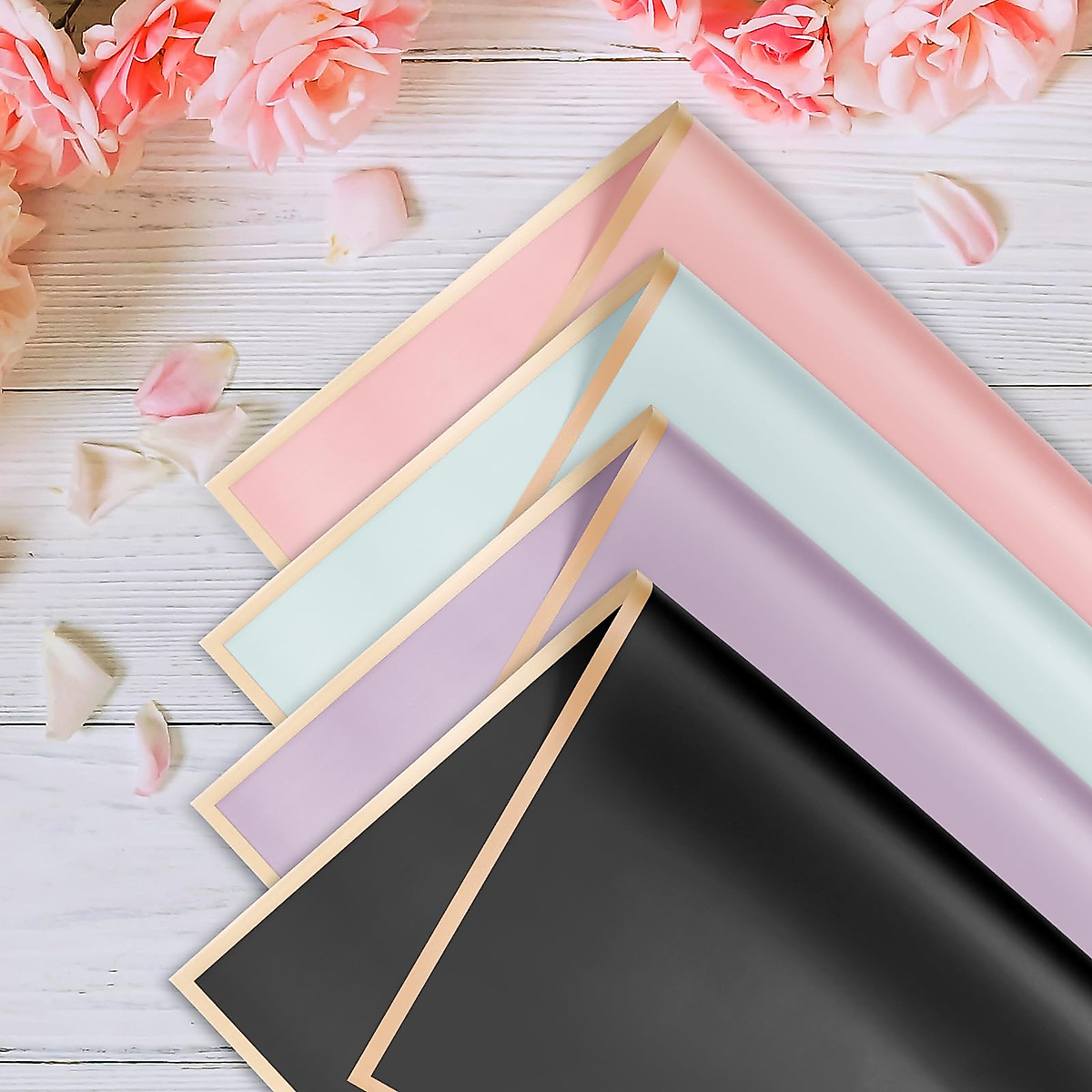 Buperor 20 Sheets Flower Bouquet Wrapping Paper, 22.5 x 22.5 inch Folding Package Floral Wrapping Paper for Wedding Birthday Valentine's Day Gift DIY Bouquets Gold Trim Rose Pink