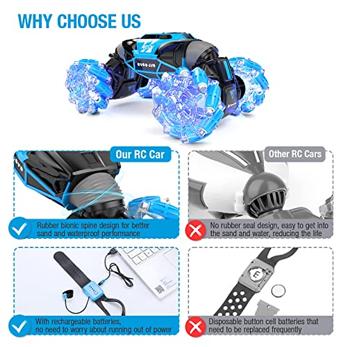 Powerextra RC Stunt Car Toys for 6-12 Year Old Kids - Big Size 4WD Remote Control Car - Gesture Sensor - Double Sided Rotating RC Car - Lights, Music - Perfect for Boys & Girls' Birthday