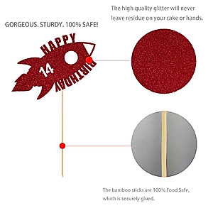 Red Rocket 14th Birthday Cake Topper, Glitter Boy Girl Space 14 Years Birthday Party Decoration