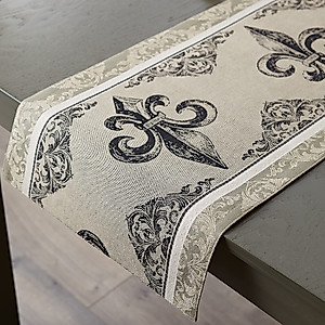 DII French Style Tabletop Kitchen Collection, Reversible Table Runner, 14x108, Fleur de Lis Stripe