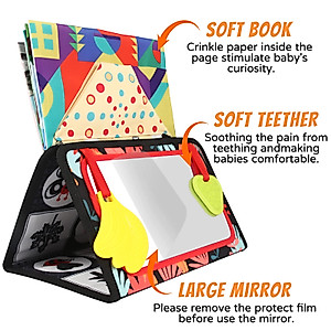 Tummy Time Baby Mirror Toys, High Contrast Black and White Baby Toys 0-3-6 Months, Newborn Brain Development Floor Mirror with Crinkle Cloth Book Montessori Toys for Babies 6-12 Months Infant Sensory