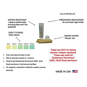Five Pack Restaurant Quaternary Ammonium (QAC, Multi Quat) Sanitizer Test Paper, 0-500 ppm [5 Vials of 100 Paper Strips]