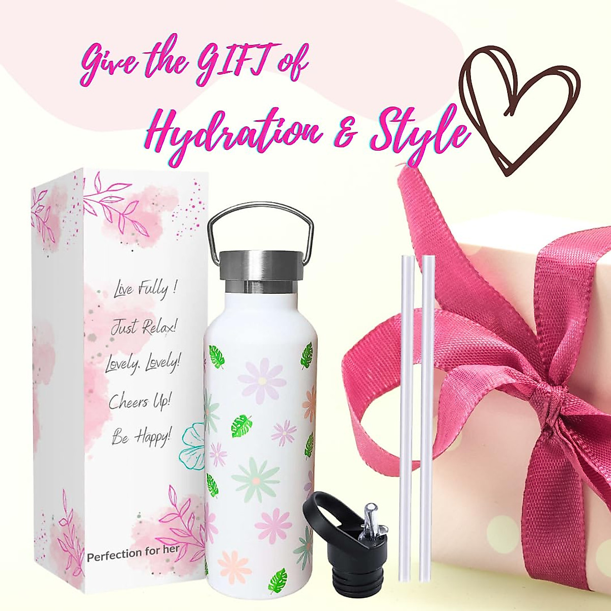 Stainless Steel Water Bottles – Insulated Bottles - Water Bottle with Straw - 2 Lids -1 Gift Box - 20 Oz - air up Water Bottle - Hot/Cold - Gift for her - Preppy Stuff (Flowers)