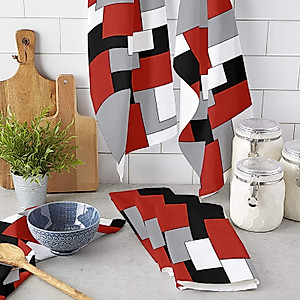 Big buy store Abstract Geometric Color Block Kitchen Dish Towels Set of 4, Soft Lightweight Microfiber Absorbent Hand Towel Red Black Gray Tea Towel for Kitchen Bathroom 18x28in