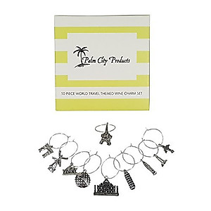 Palm City Products 10 Piece World Travel Themed Wine Charm Set - Traveler Stemmed Wine Glass Charms
