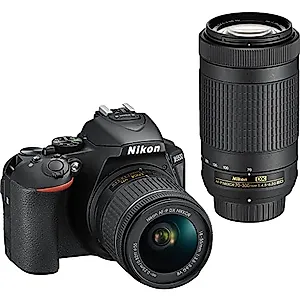Nikon D5600 24.2MP DSLR Digital Camera with 18-55mm and 70-300mm Lenses (1580) Deluxe Bundle with 64GB SD Card + Large Camera Bag + Filter Kits + Spare Battery + Telephoto Lens (Renewed)